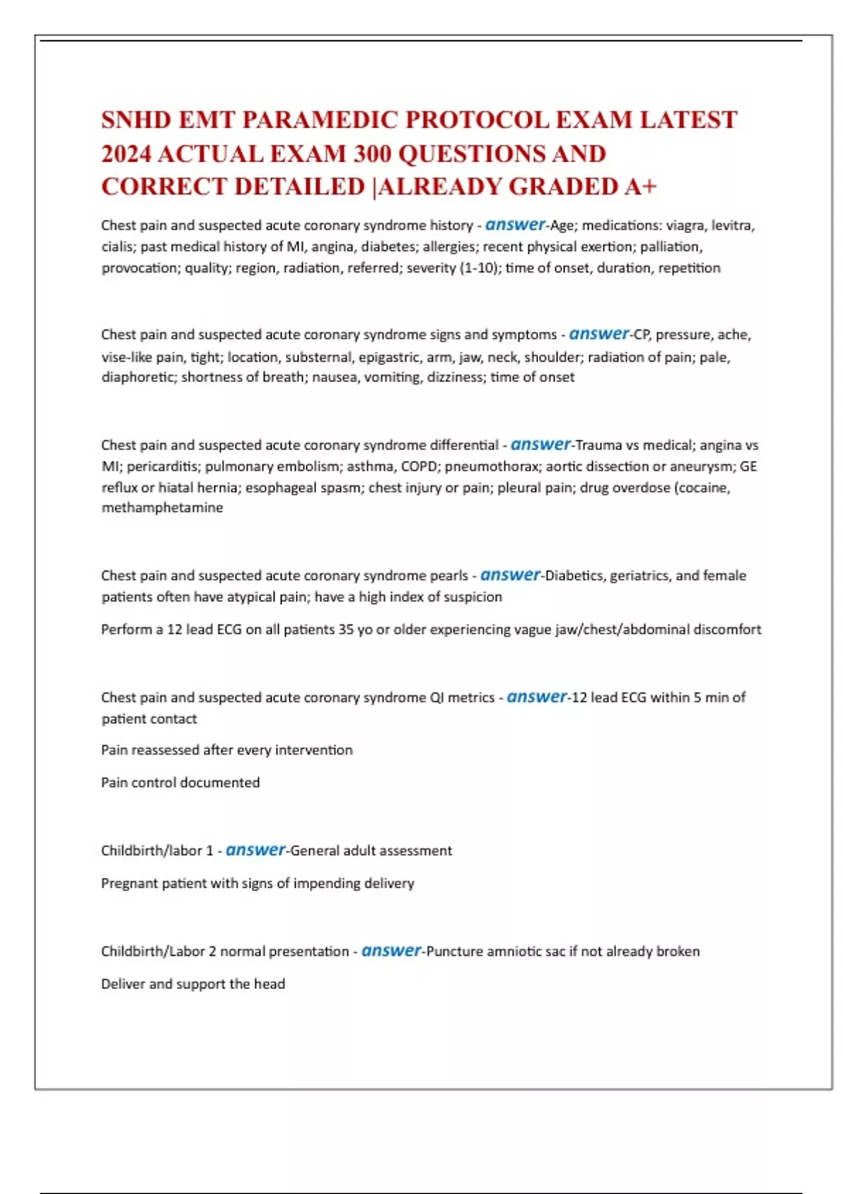 SNHD EMT PARAMEDIC PROTOCOL EXAM LATEST 2024 ACTUAL EXAM 300 QUESTIONS ...