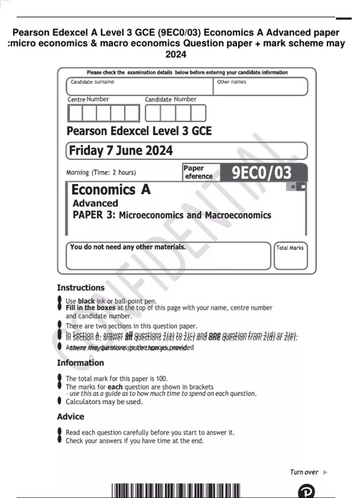 Pearson Edexcel A Level 3 GCE (9EC0/03) Economics A Advanced paper ...