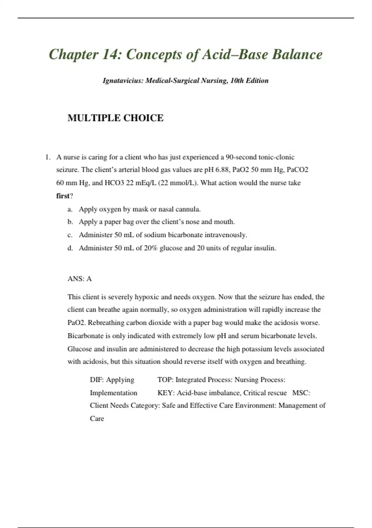 Chapter 14: Concepts of Acid–Base Balance {Ignatavicius: Medical ...