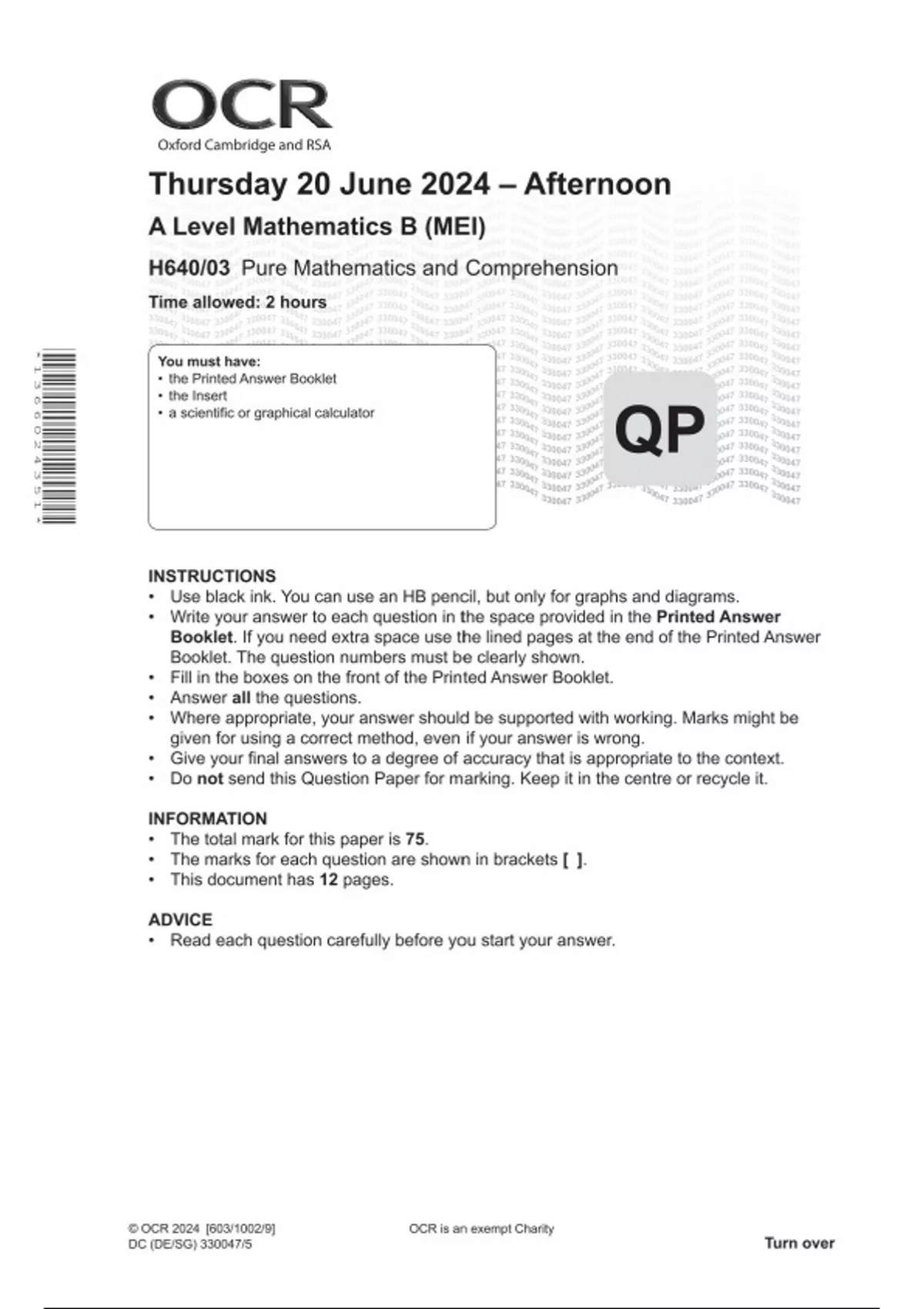 OCR A Level Mathematics B (MEI) H640/03 JUNE 2024 QUESTION PAPER: Pure ...