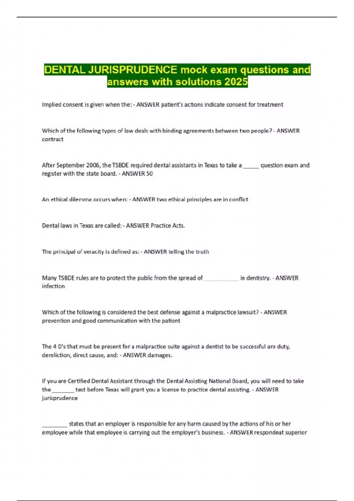 DENTAL JURISPRUDENCE mock exam questions and answers with solutions ...