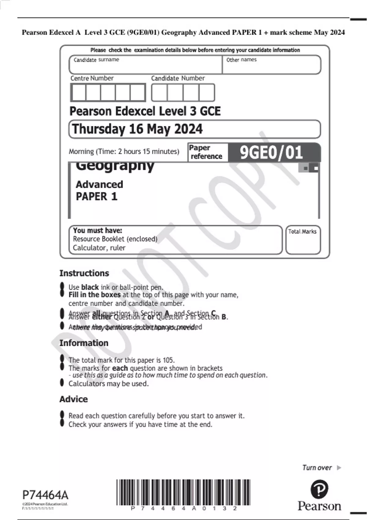 package - Pearson Edexcel A Level 3 GCE (9GE0) Geography Advanced PAPER ...