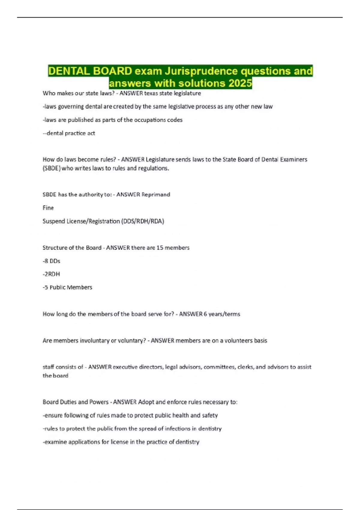 DENTAL BOARD exam Jurisprudence questions and answers with solutions ...