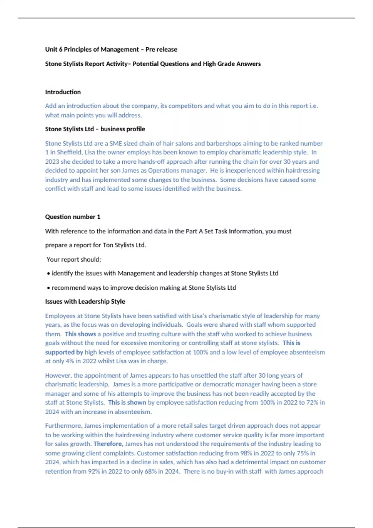 Possible Question and Answers for Unit 6 Principles of Management Exam ...