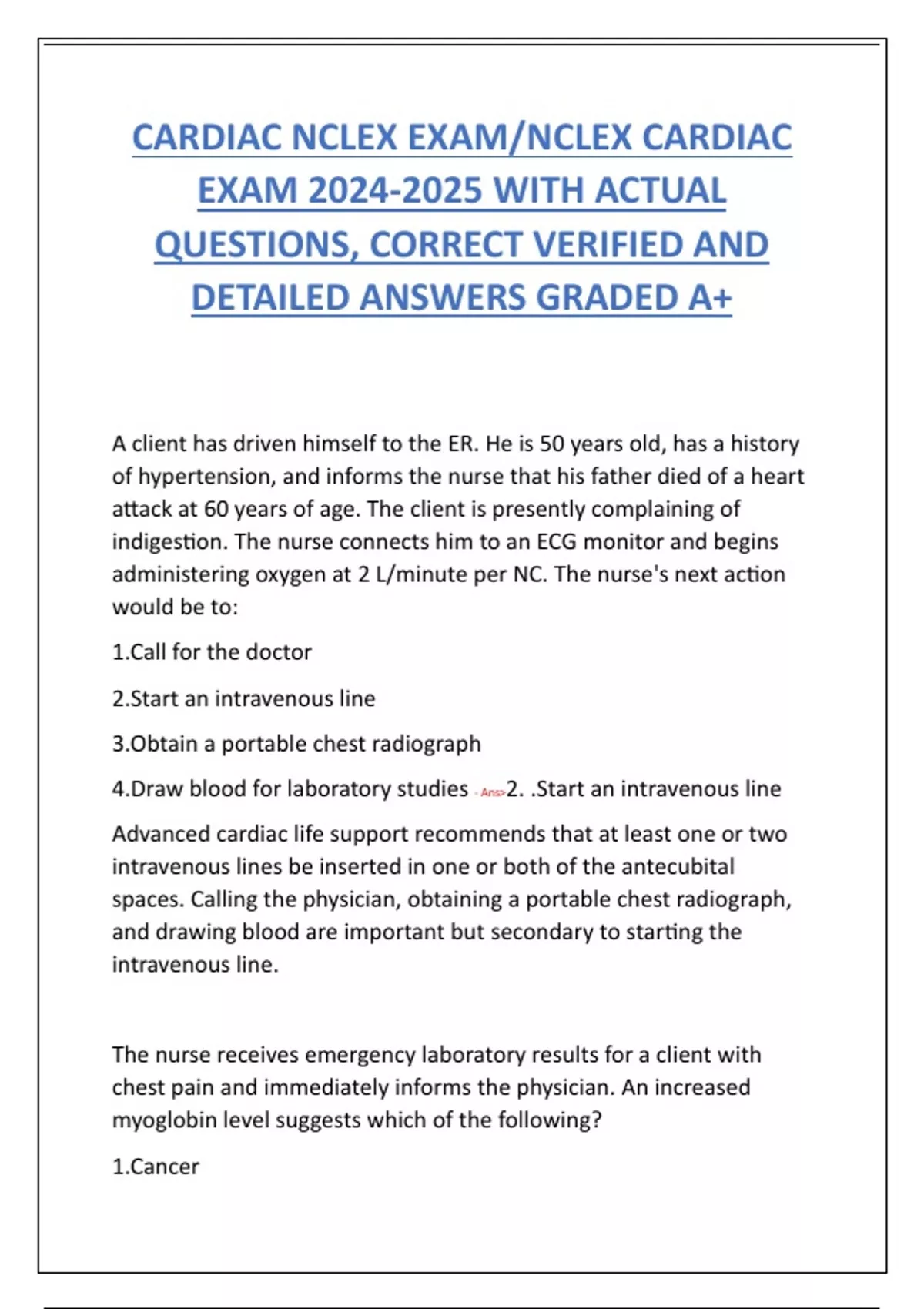 CARDIAC NCLEX EXAM/NCLEX CARDIAC EXAM WITH ACTUAL QUESTIONS, CORRECT ...