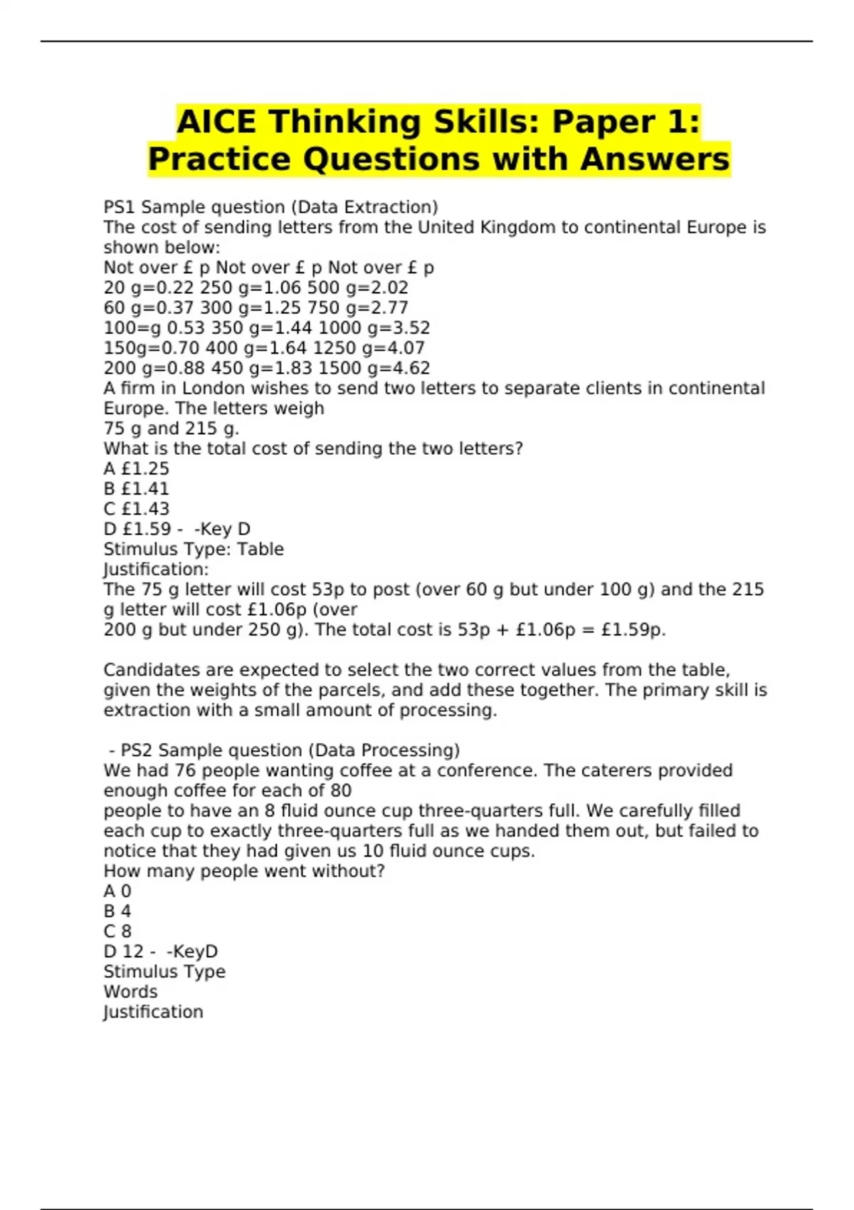 AICE Thinking Skills: Paper 1: Practice Questions with Answers - AICE Thinking Skills: Paper 1 ...