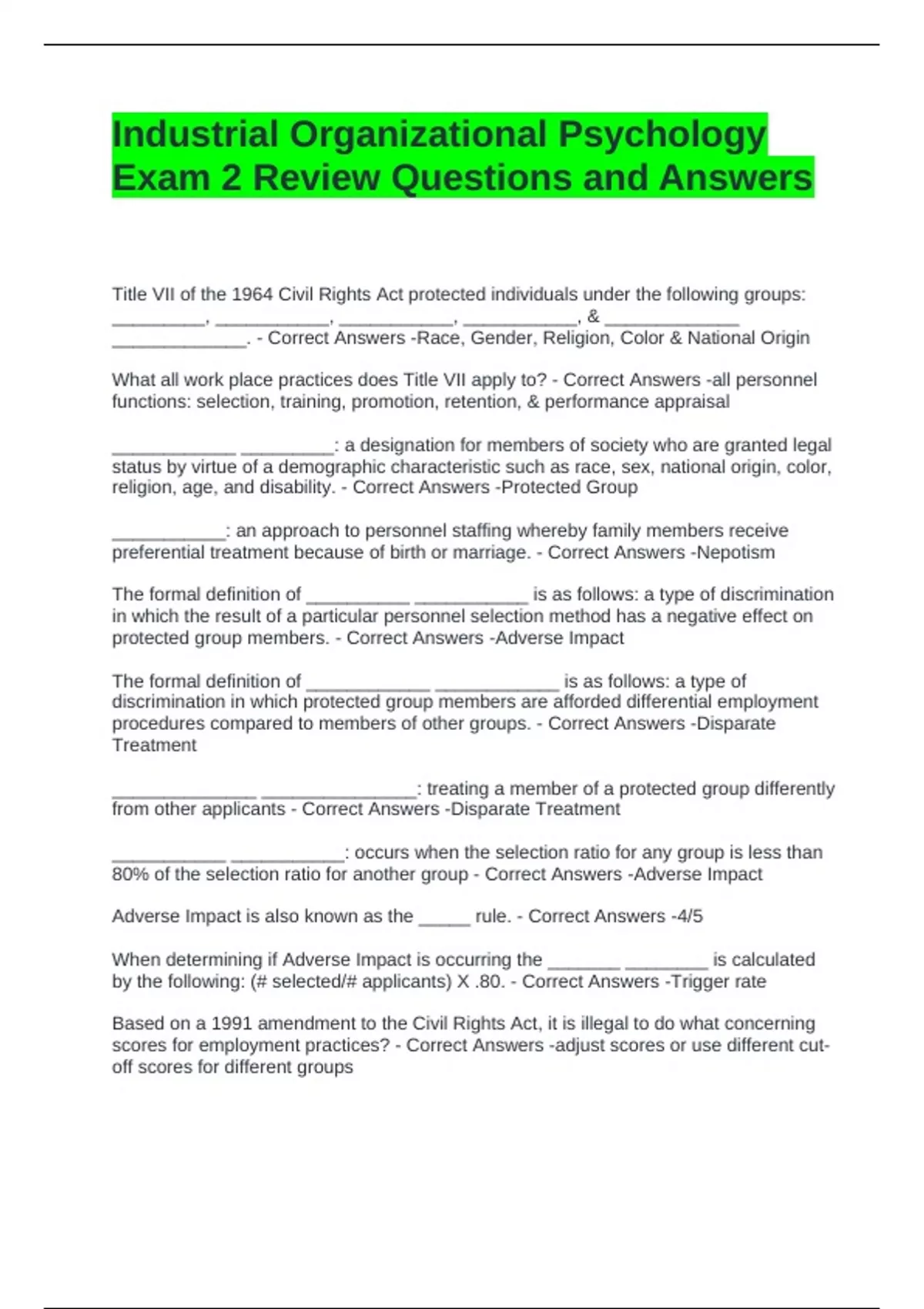 Industrial Organizational Psychology Exam 2 Review Questions and ...