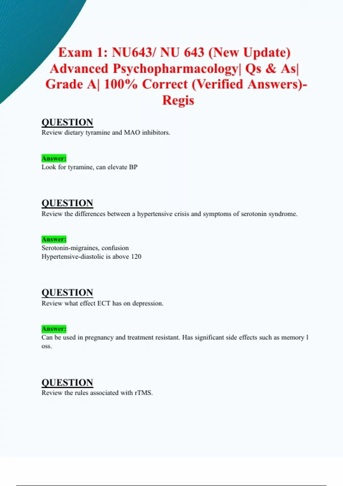 Exam 1: NU643/NU 643 (New 2025/ 2026 Update) Advanced Psychopharmacology | Qs & As | Grade A ...