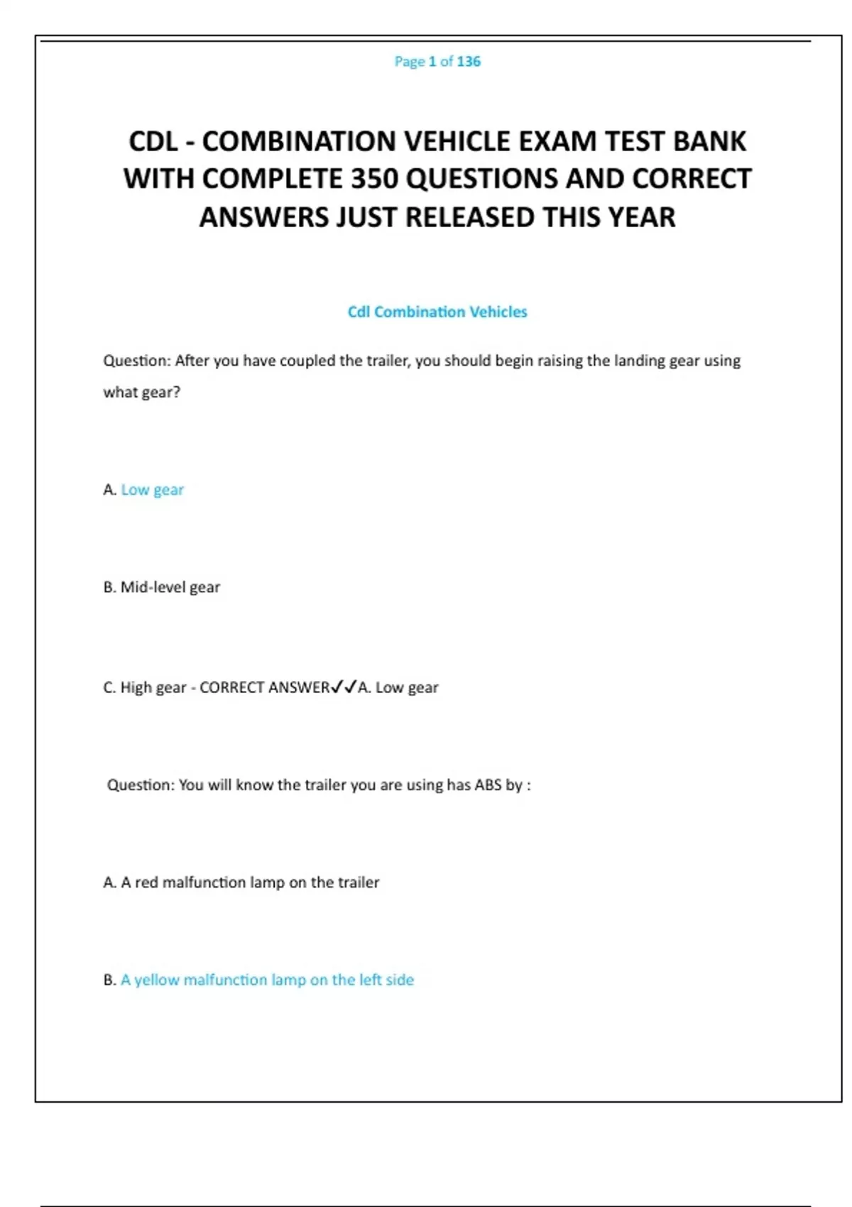 CDL - COMBINATION VEHICLE EXAM TEST BANK WITH COMPLETE 350 QUESTIONS ...
