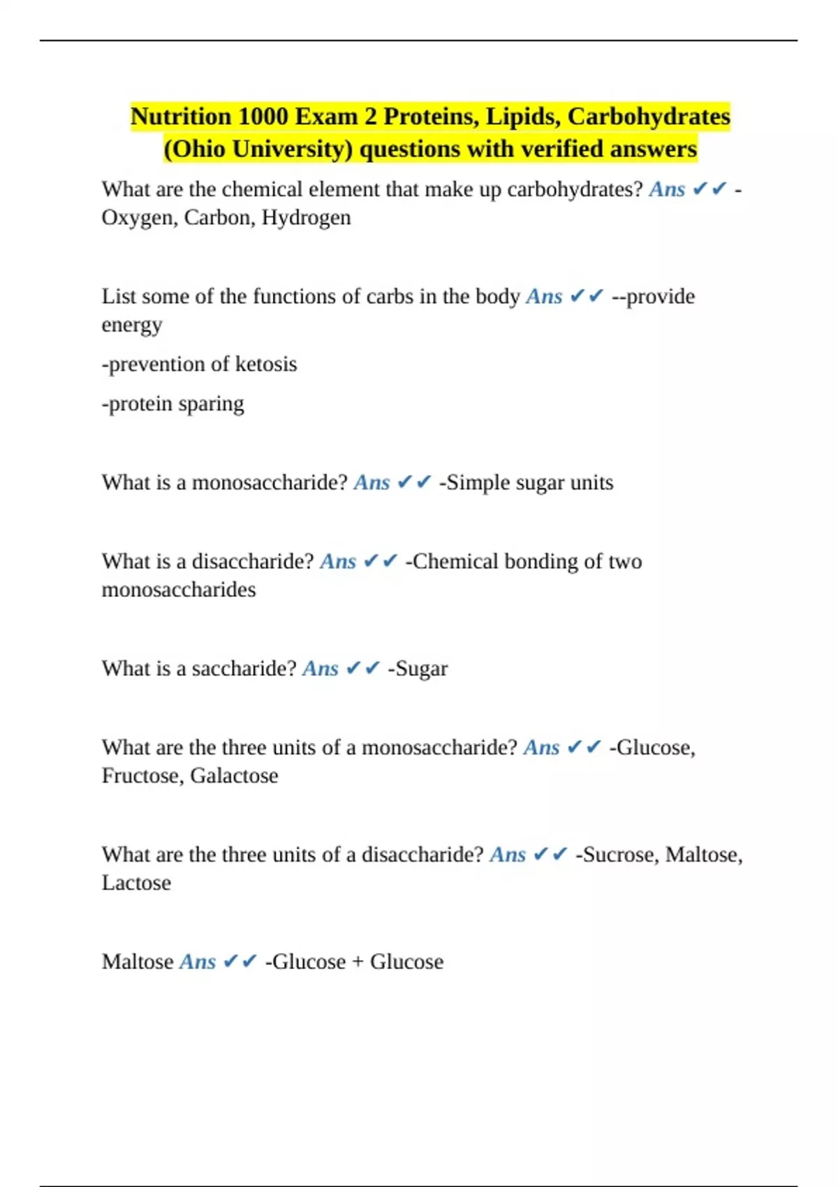 Nutrition 1000 Exam 2 Proteins, Lipids, Carbohydrates (Ohio University ...
