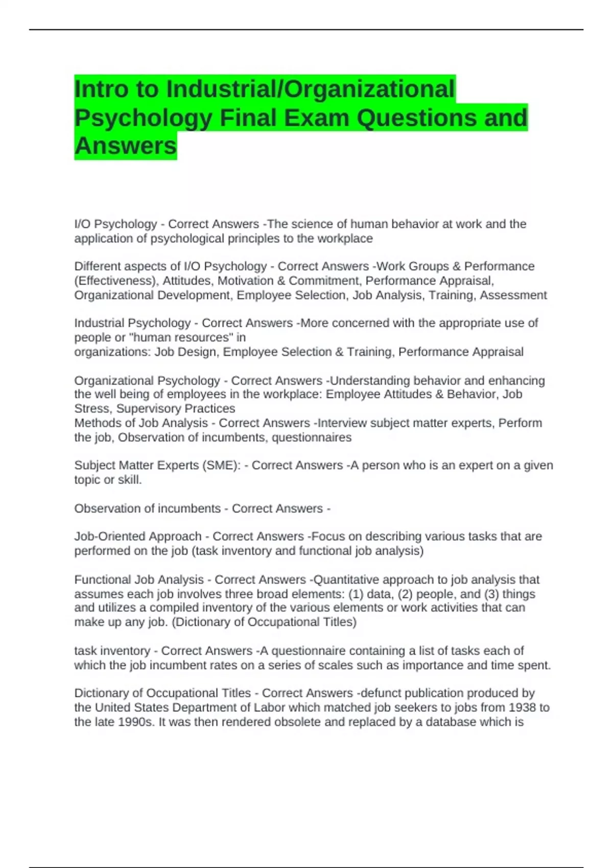 Intro to Industrial-Organizational Psychology Final Exam Questions and ...