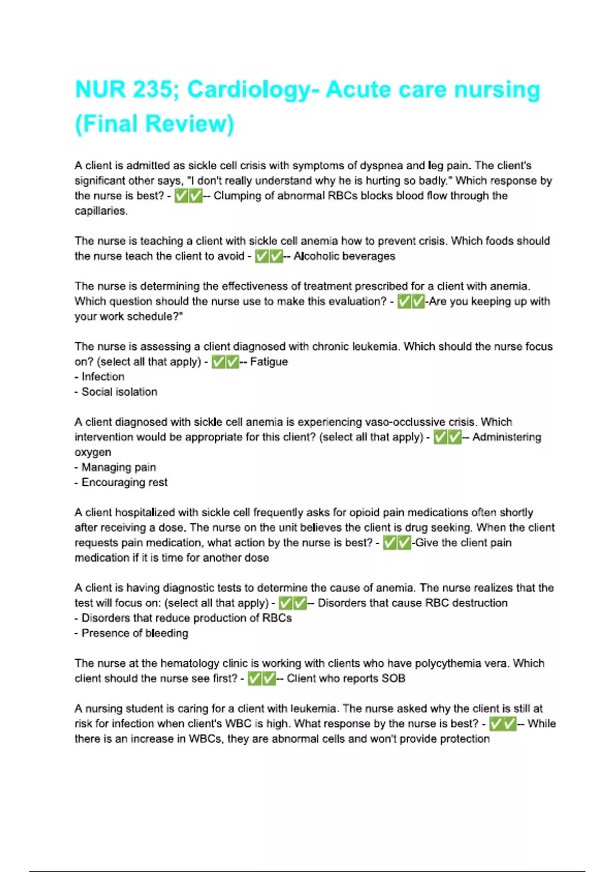 NUR 235; Cardiology- Acute care nursing (Final Review) Complete Set Review With Correct - Child ...