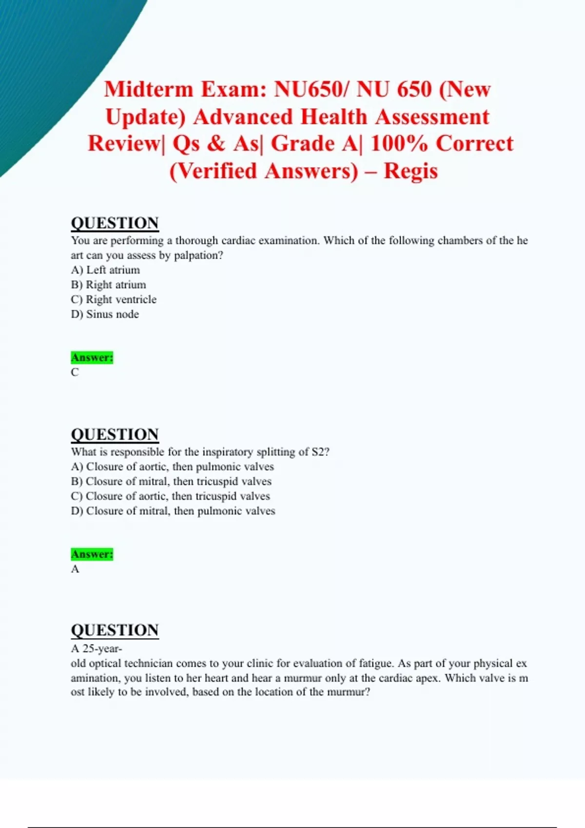 Midterm Exam: NU650/ NU 650 (New 2025/ 2026 Update) Advanced Health ...