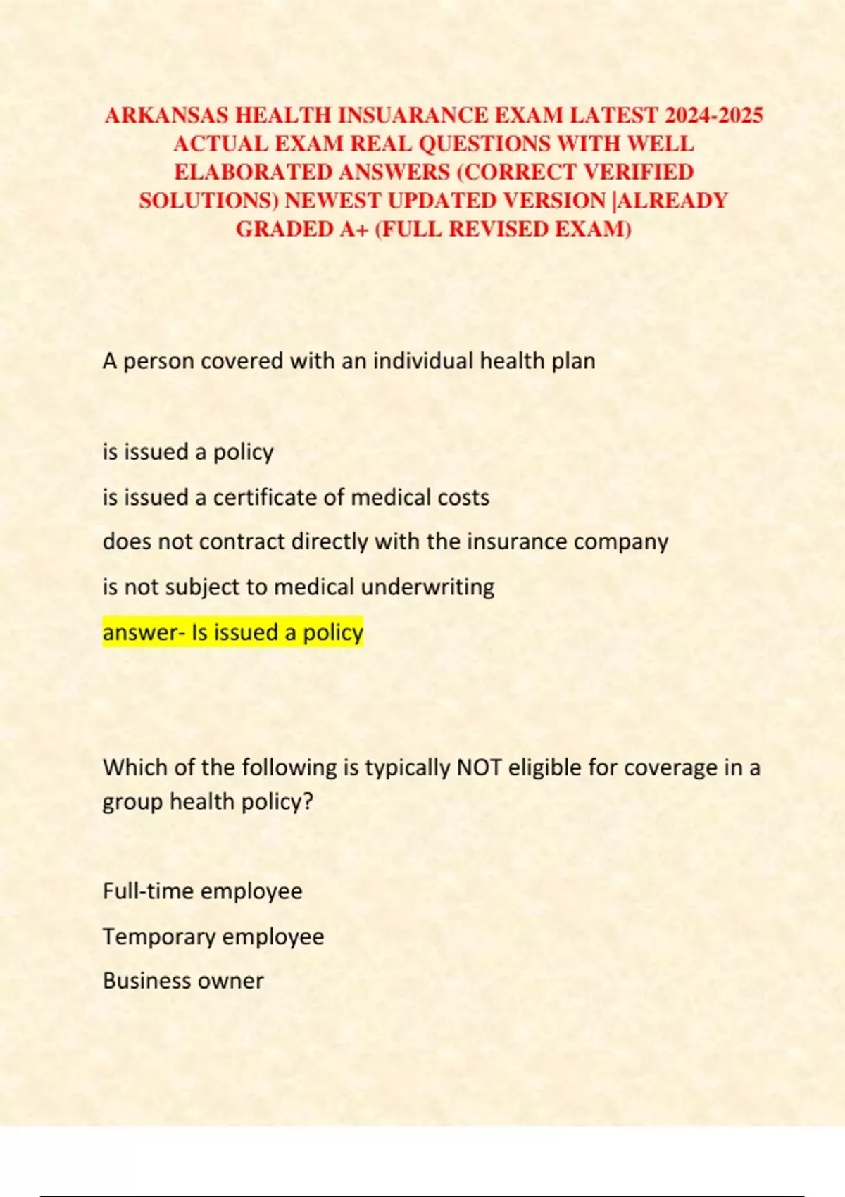 ARKANSAS HEALTH INSUARANCE EXAM LATEST ACTUAL EXAM REAL QUESTIONS WITH ...