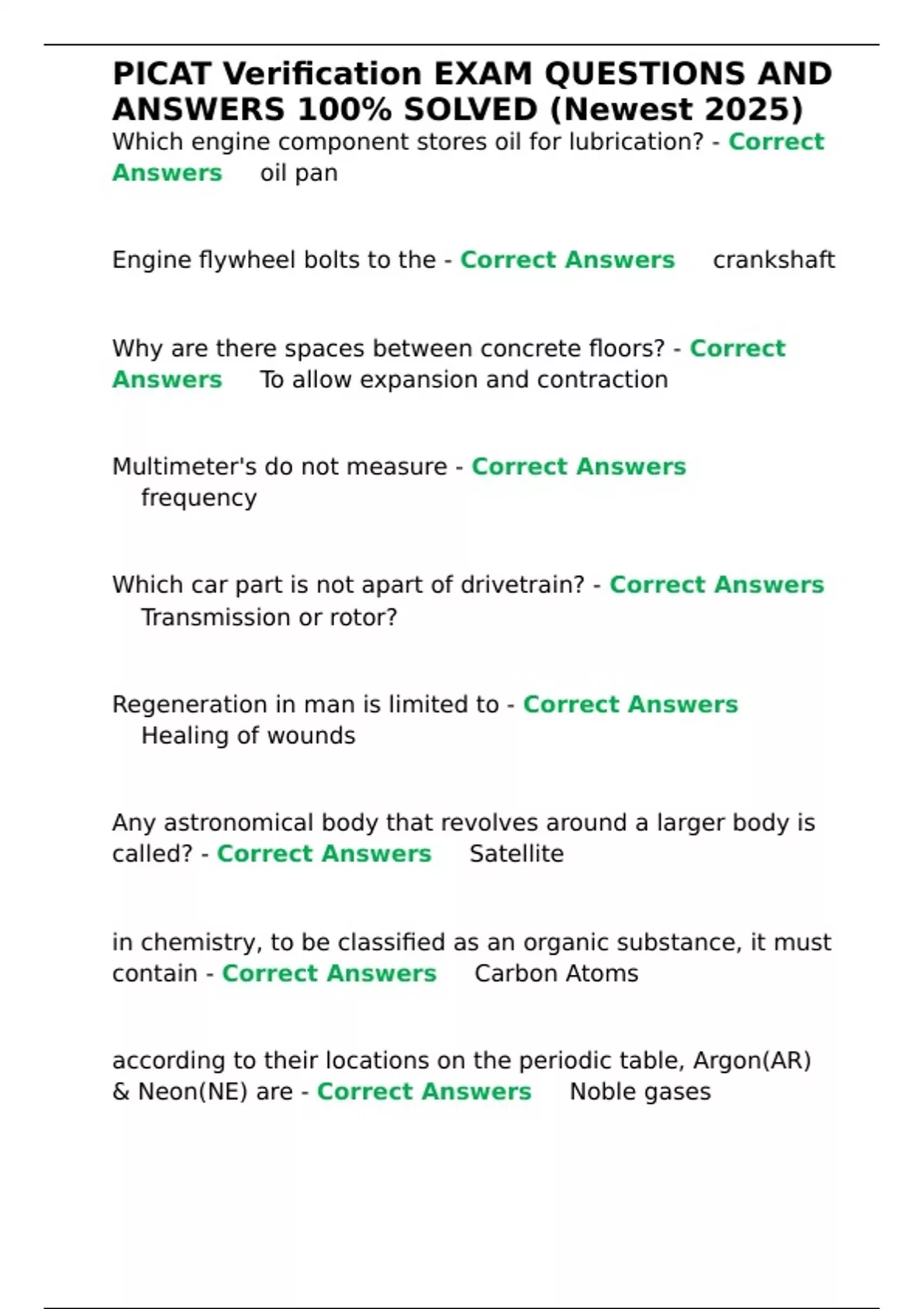 PICAT Verification EXAM QUESTIONS AND ANSWERS 100% SOLVED (Newest 2025 ...