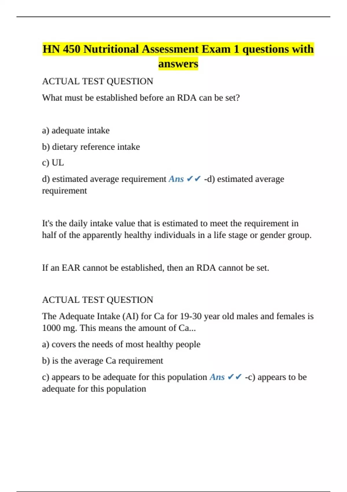 HN 450 Nutritional Assessment Exam 1 questions with answers - Nutrition ...