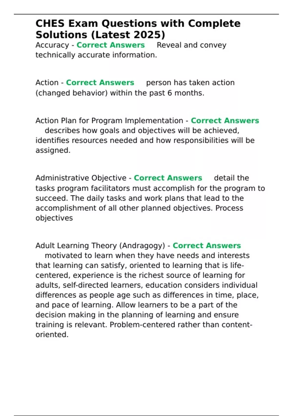 CHES Exam Questions with Complete Solutions (Latest 2025) - CPHQ/ CIC ...