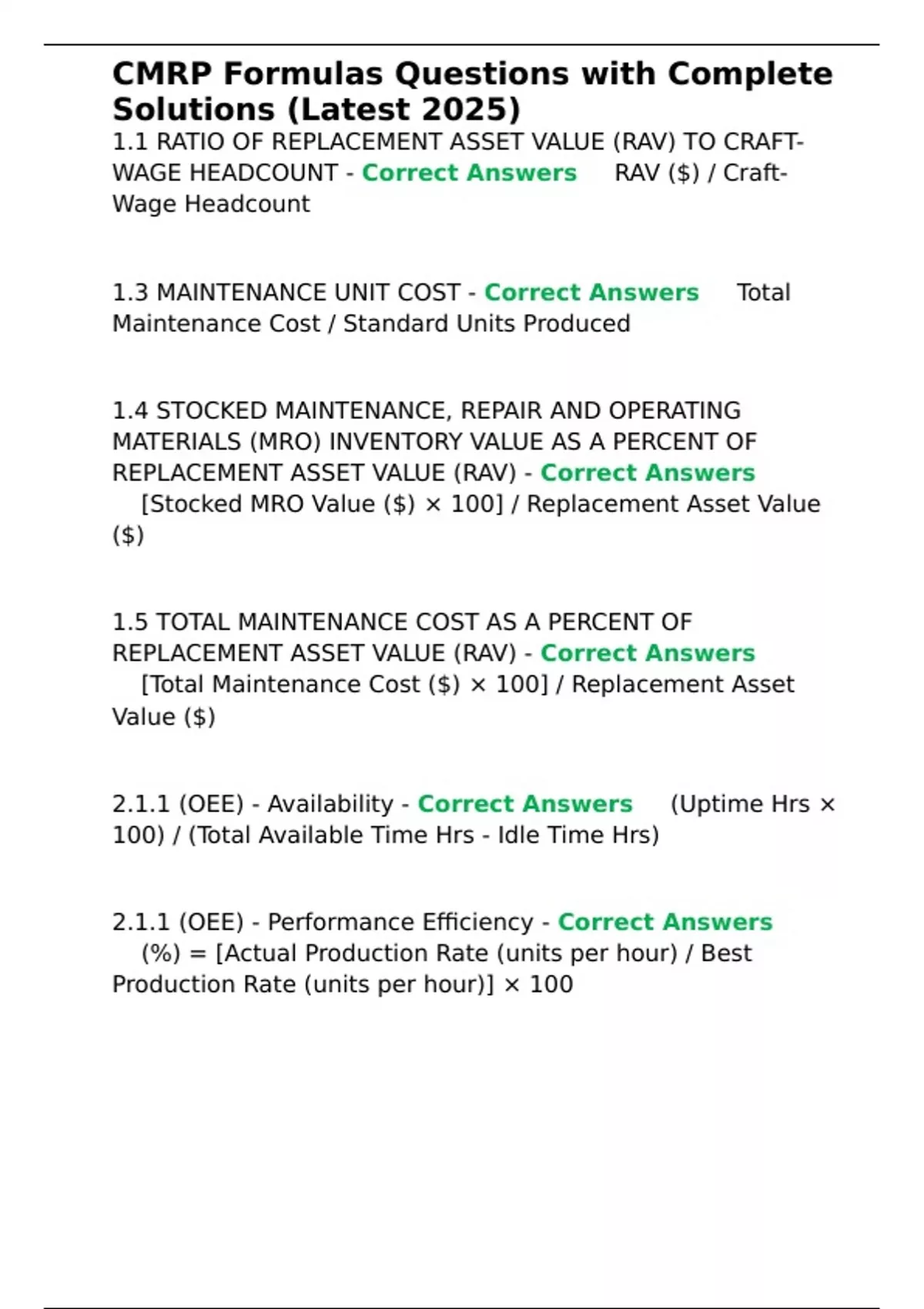 CMRP Formulas Questions with Complete Solutions (Latest 2025) - BIO ...