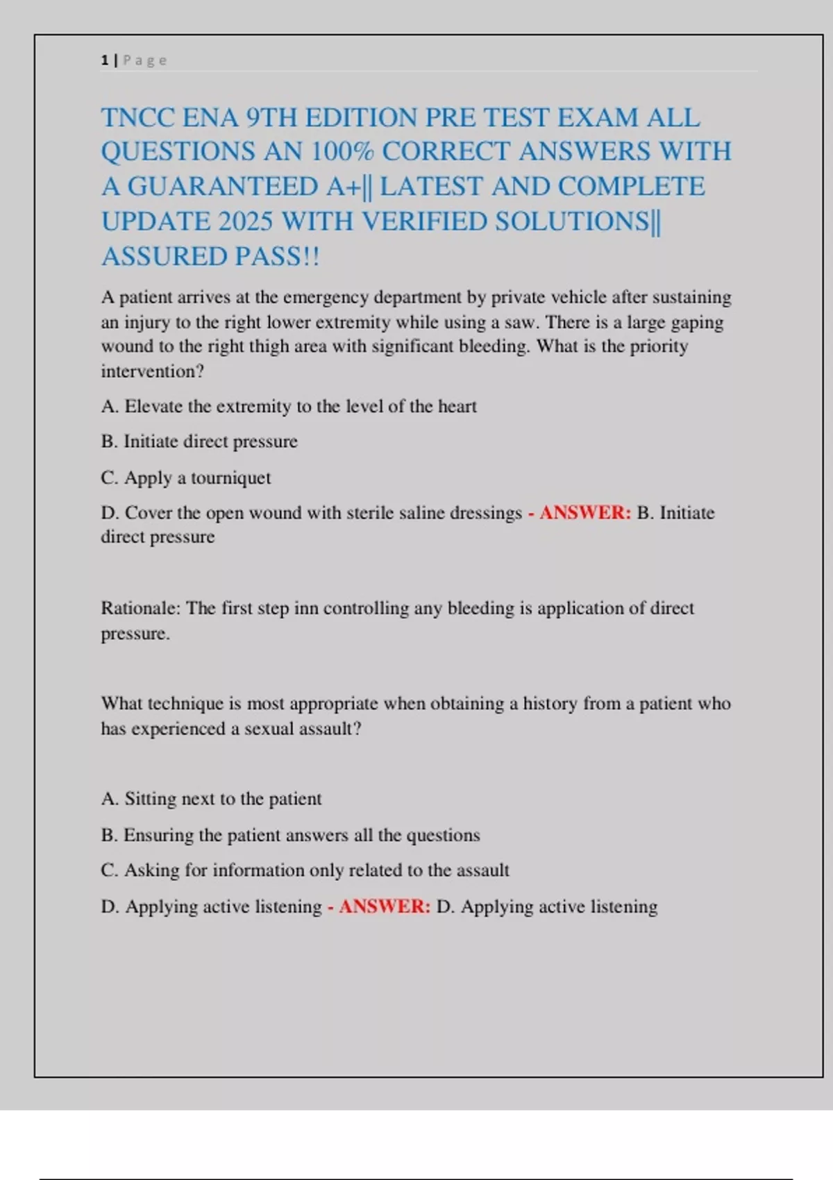 TNCC ENA 9TH EDITION PRE TEST EXAM ALL QUESTIONS AN 100% CORRECT ...