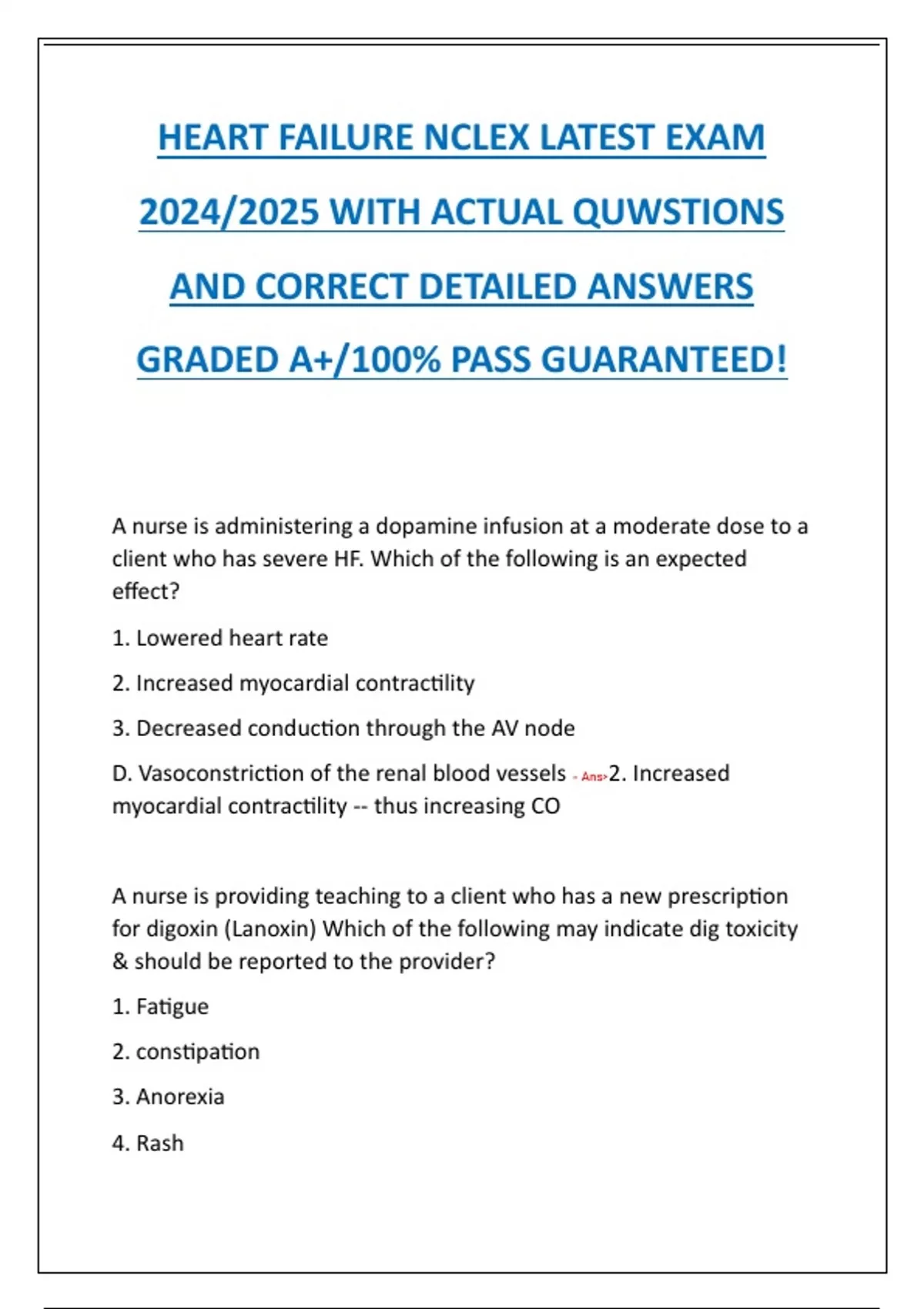 HEART FAILURE NCLEX LATEST EXAM 2024/2025 WITH ACTUAL QUWSTIONS AND ...