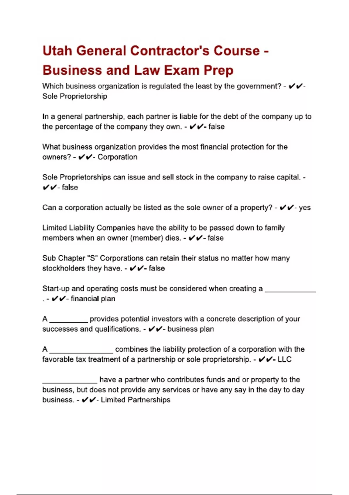 Utah General Contractor-s Course - Business and Law Exam Prep Questions And Answers 100% correct ...