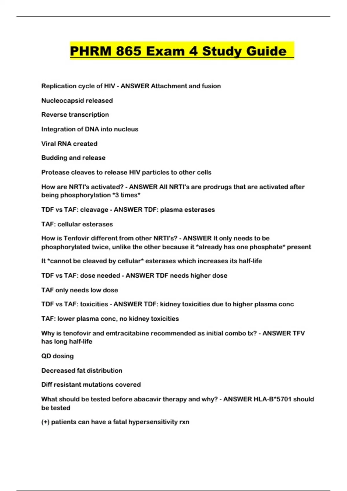 PHRM 865 Exam 4 Study Guide - PHRM 865 - Stuvia US