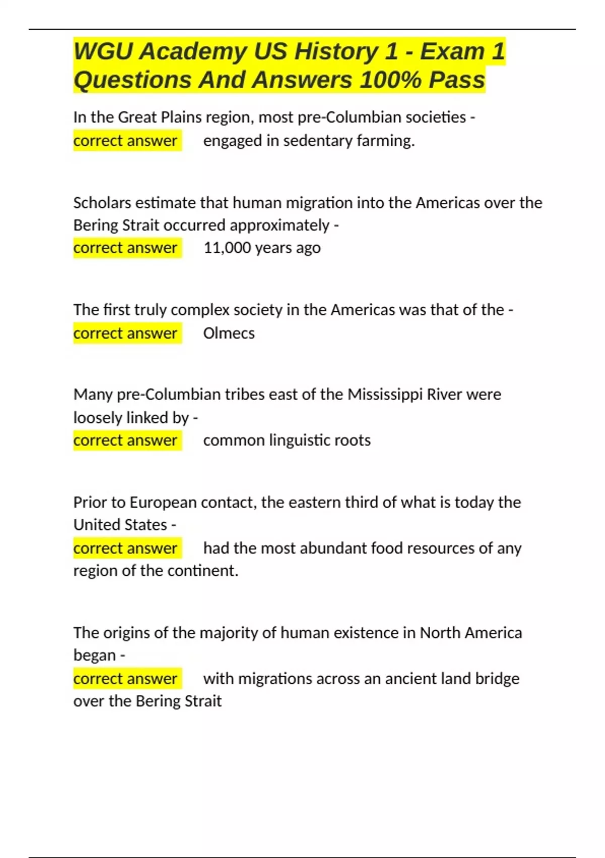 WGU Academy US History 1 - Exam 1 Questions And Answers 100- Pass - WGU ...