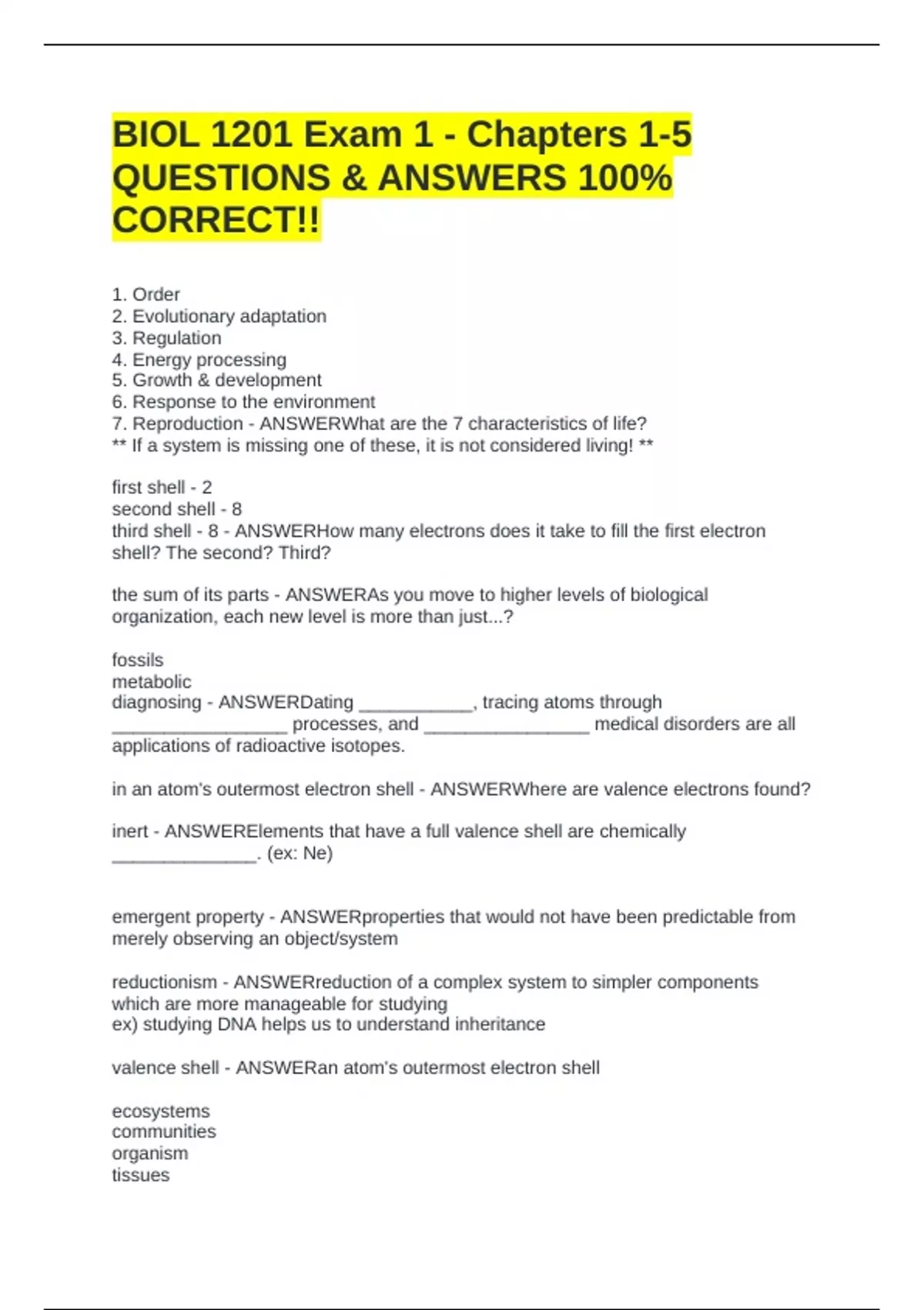 BIOL 1201 Exam 1 - Chapters 1-5 QUESTIONS & ANSWERS 100% CORRECT!! - BIOL 1201 - Chapters 1-5 ...