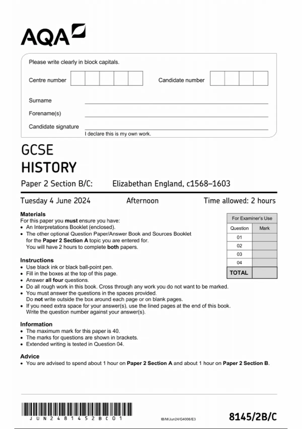 AQA GCSE HISTORY QUESTION PAPER 2 2024 (8145/2B/C Section B/C) - AQA ...