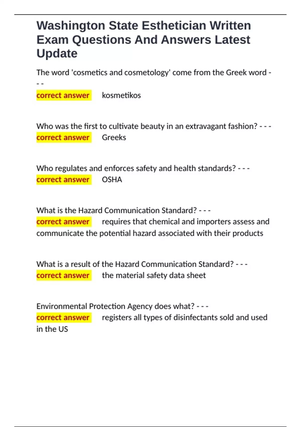 Washington State Esthetician Written Exam Questions And Answers Latest ...