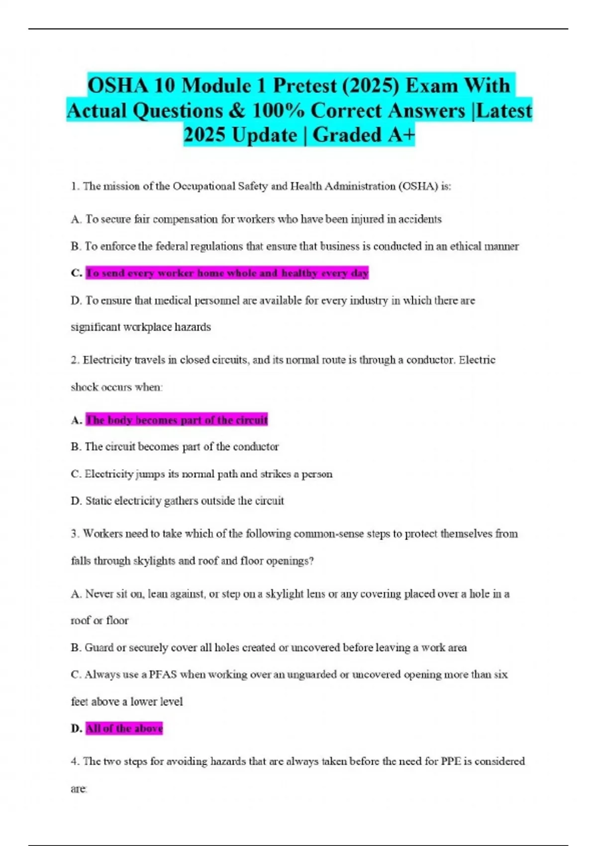 OSHA 10 Module 1 Pretest (2025) Exam With Actual Questions & 100% ...