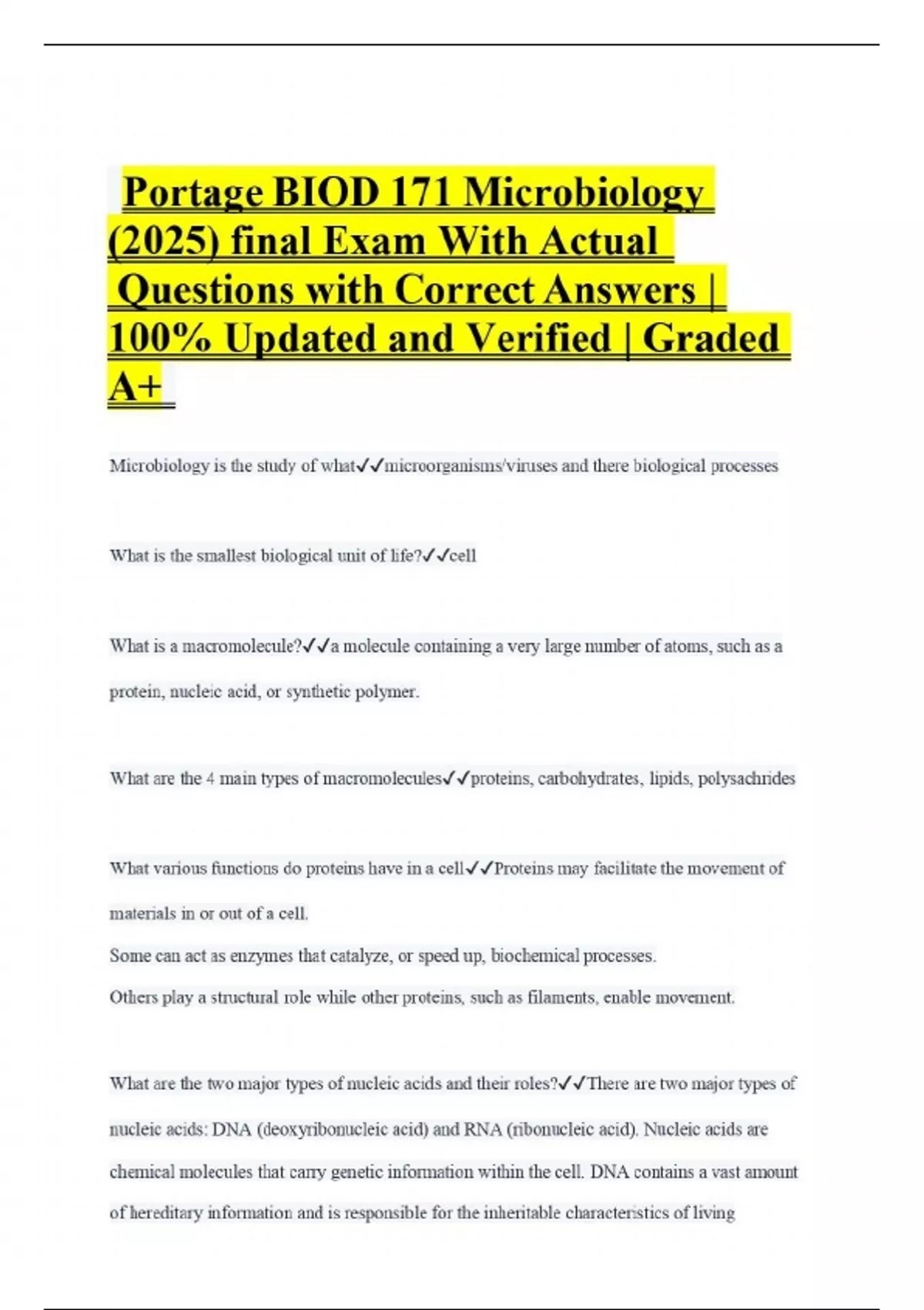 Portage BIOD 171 Microbiology (2025) final Exam With Actual Questions ...