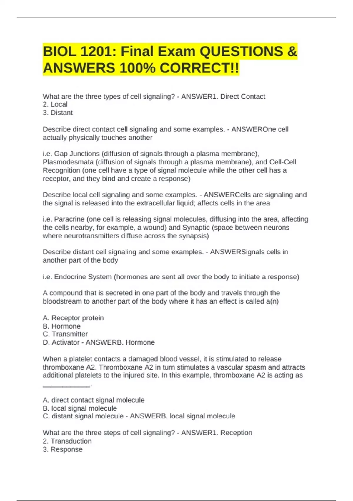 Biol 1201 Final Exam Questions And Answers 100 Correct Biol 1201