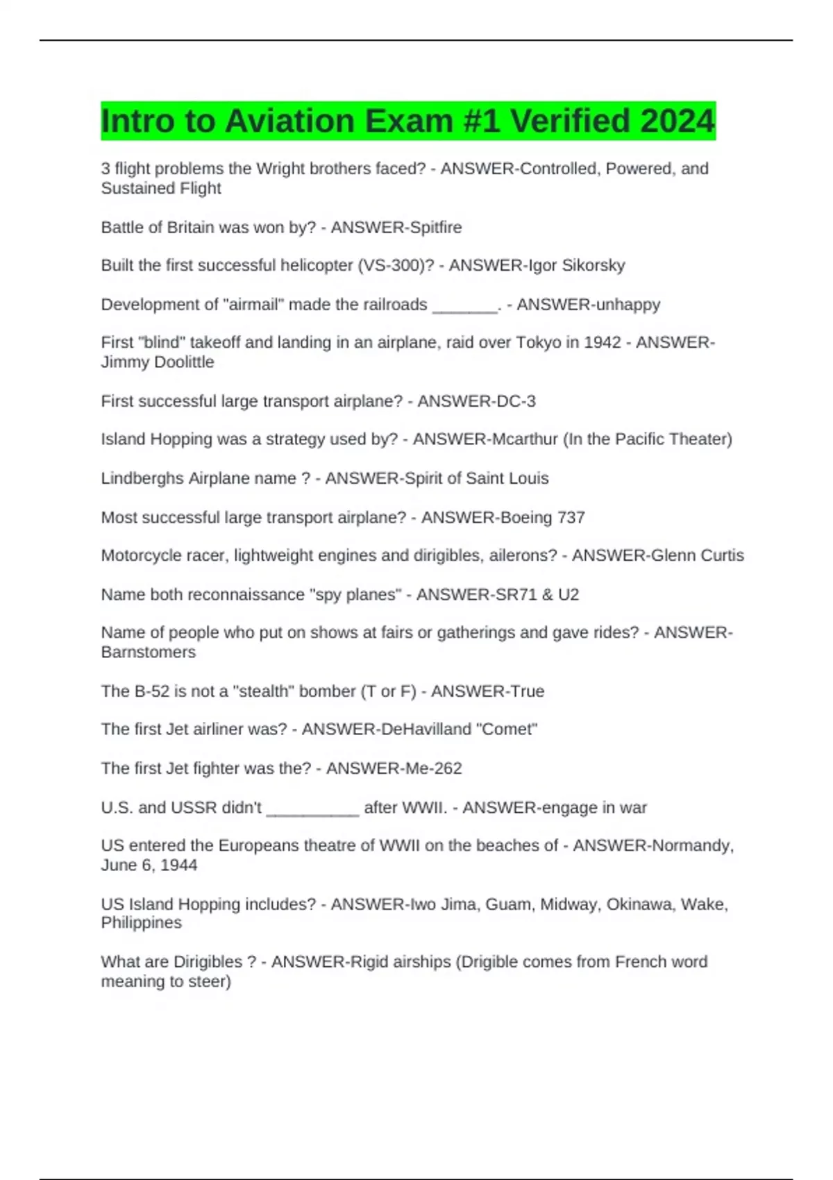 Intro to Aviation Exam #1 Verified 2024 - Aviation - Stuvia US