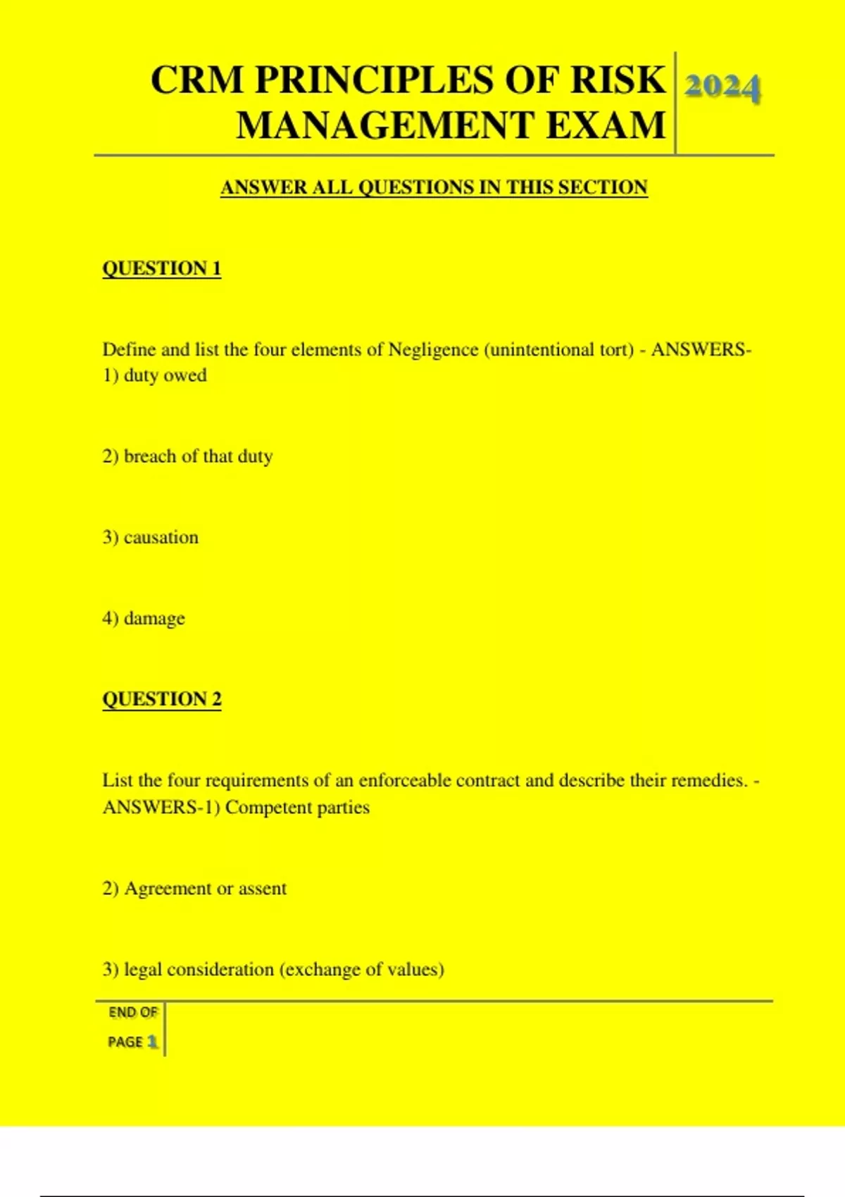 CRM PRINCIPLES OF RISK MANAGEMENT EXAM QUESTIONS AND ANSWERS 2025 - CRM PRINCIPLES OF RISK ...