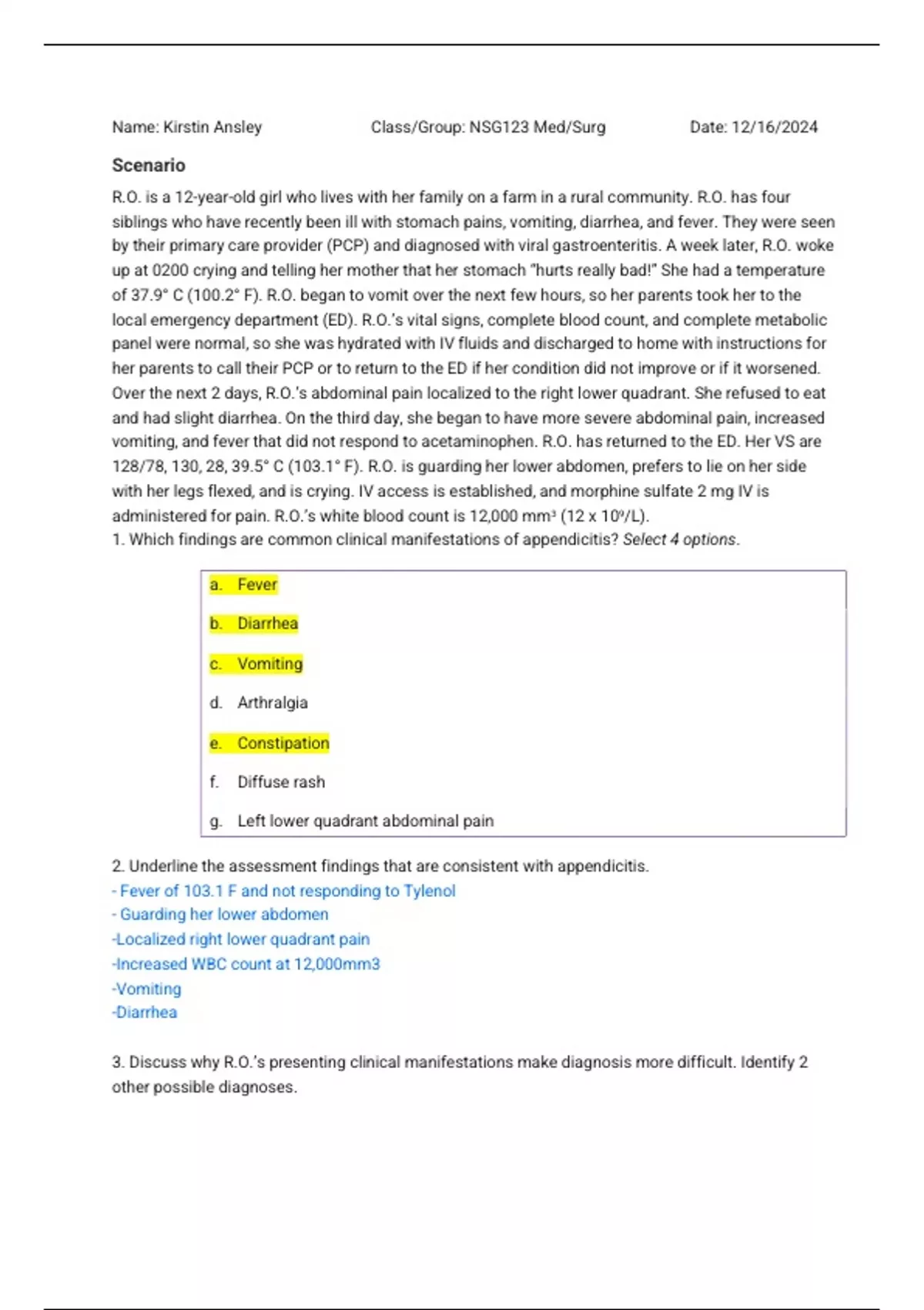 Appendicitis Case Study ANSWERS - 2024 NSG 123 Med Surg - Stuvia US