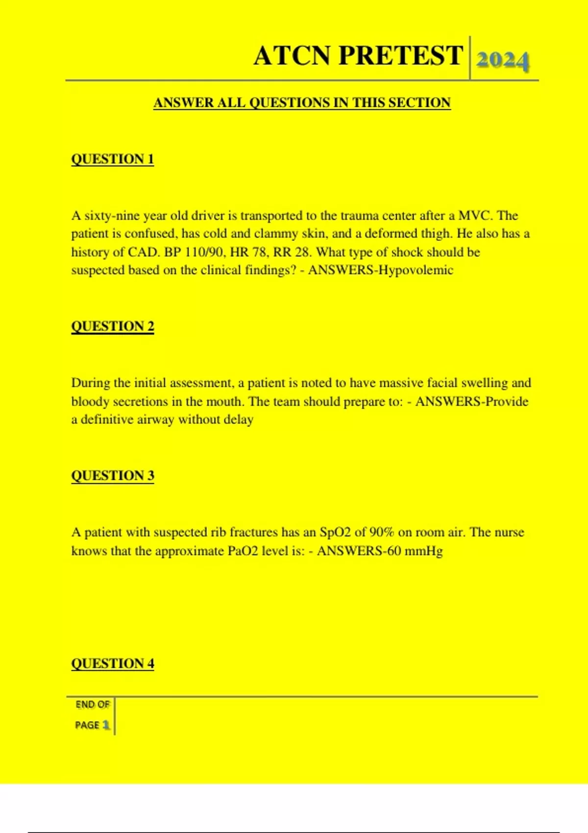 ATCN PRETEST QUESTIONS AND ANSWERS 2025 - ATCN - Stuvia US