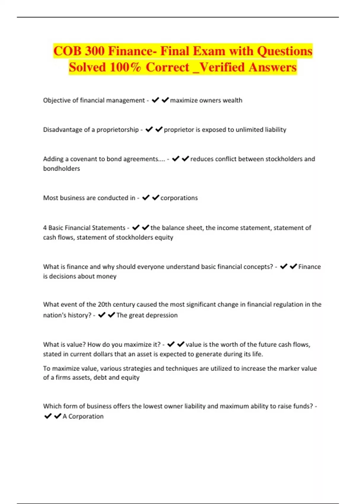 COB 300 Finance- Final Exam with Questions Solved 100% Correct _Verified Answers - Cob 300 ...