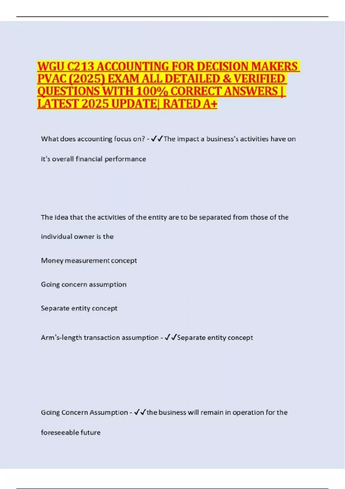 WGU C213 ACCOUNTING FOR DECISION MAKERS PVAC (2025) EXAM ALL DETAILED ...