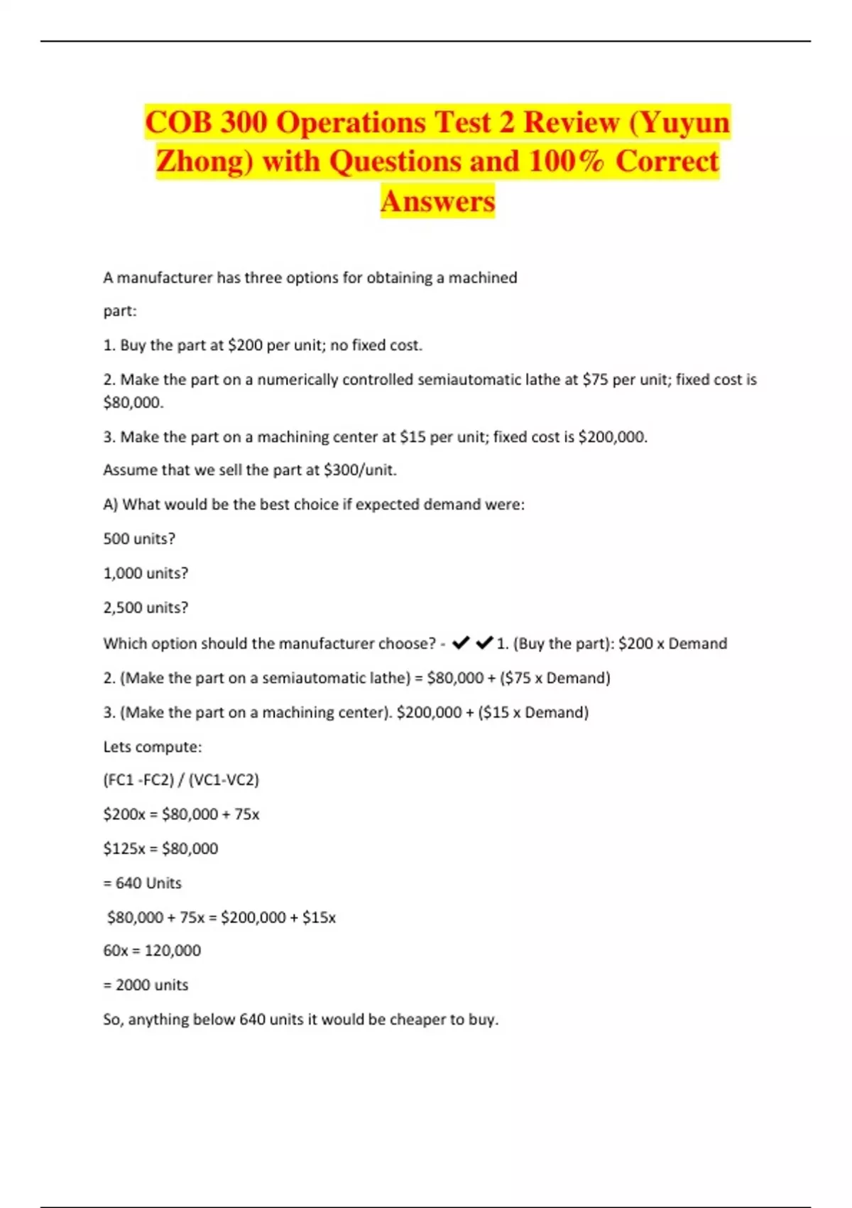 COB 300 Operations Test 2 Review (Yuyun Zhong) with Questions and 100% ...