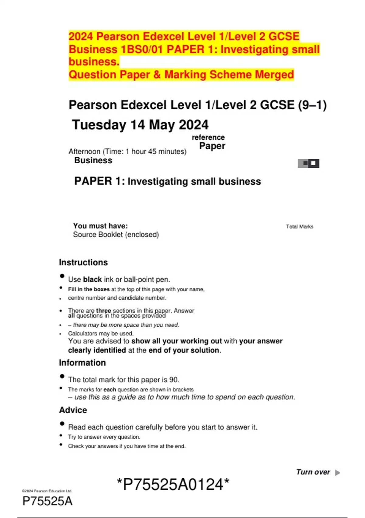 2024 Pearson Edexcel Level 1/Level 2 GCSE Business 1BS0/01 PAPER 1 ...