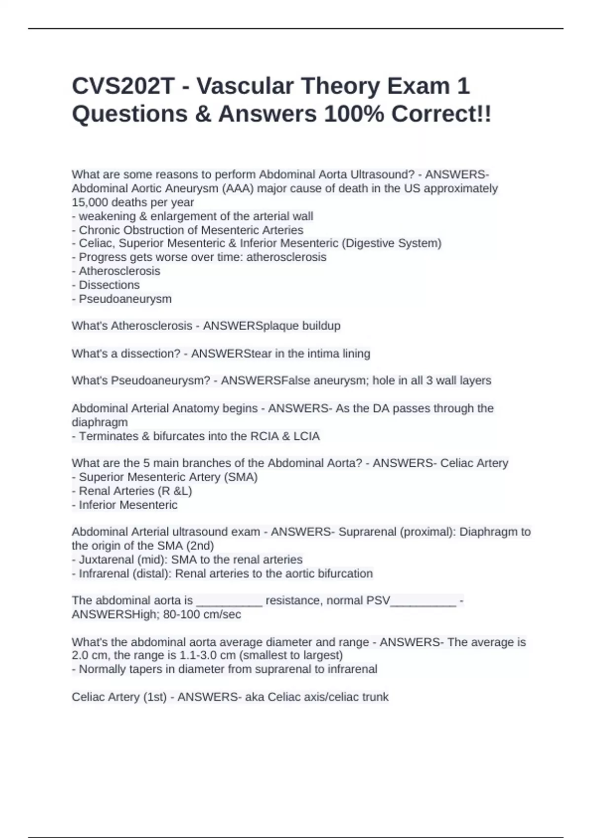 CVS202T - Vascular Theory Exam 1 Questions & Answers 100% Correct ...