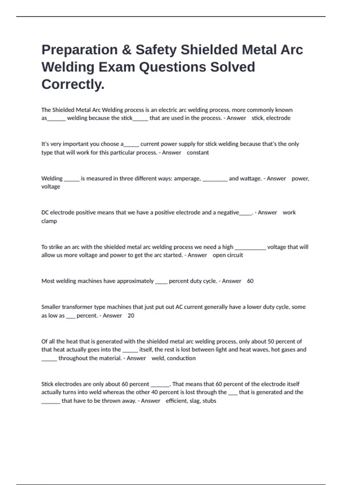 Preparation & Safety Shielded Metal Arc Welding Exam Questions Solved ...