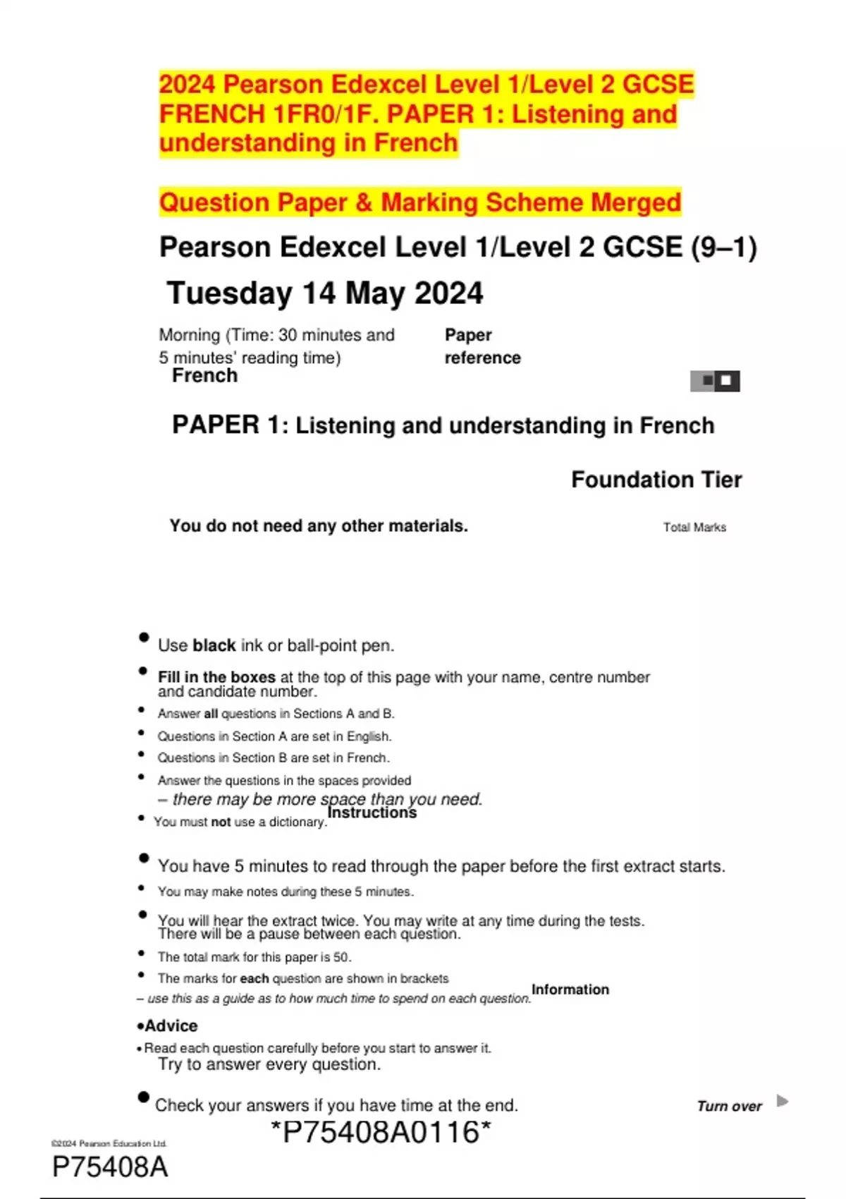 2024 Pearson Edexcel Level 1/Level 2 GCSE FRENCH 1FR0/1F. PAPER 1 ...