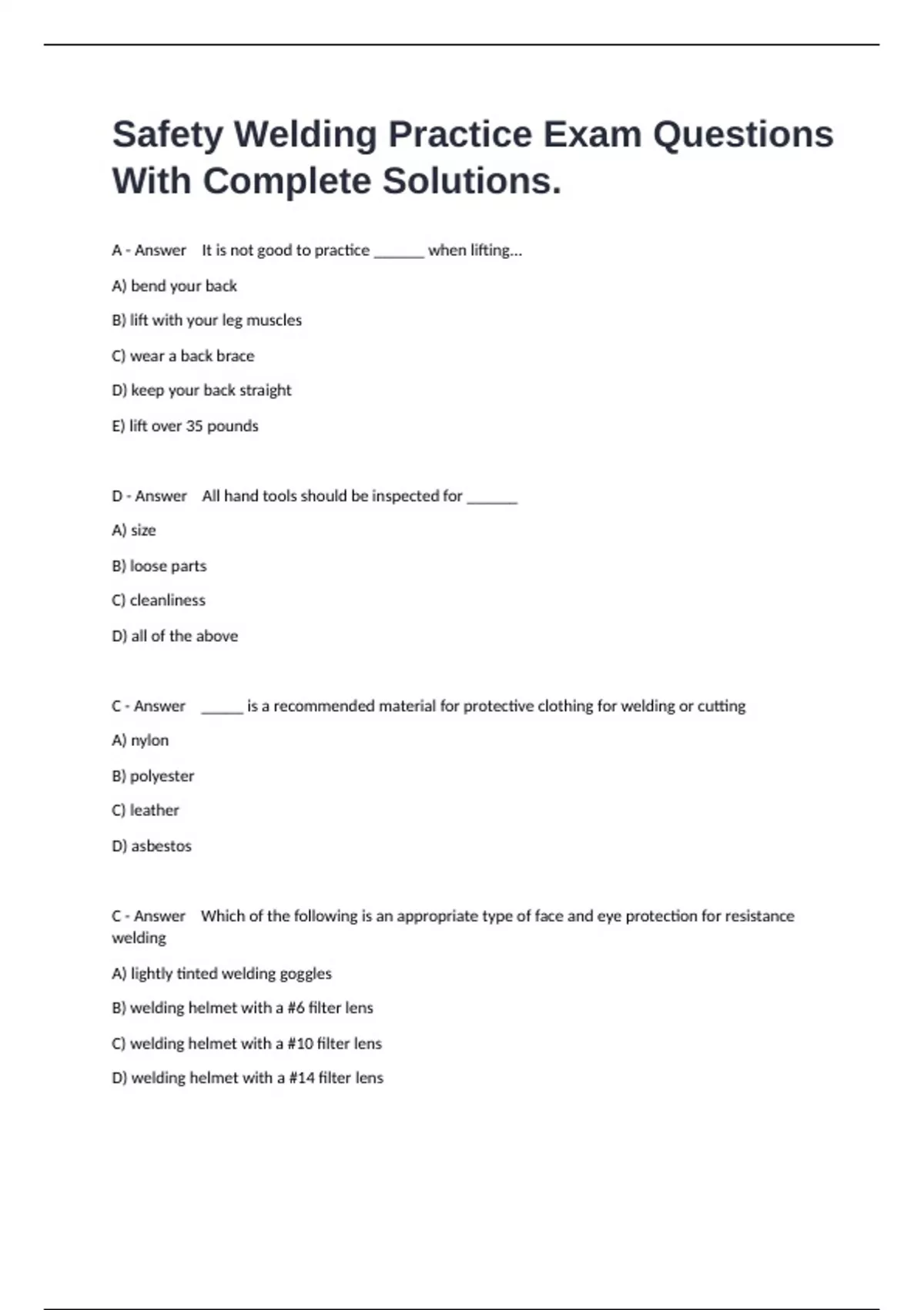 Safety Welding Practice Exam Questions With Complete Solutions. - Arc ...