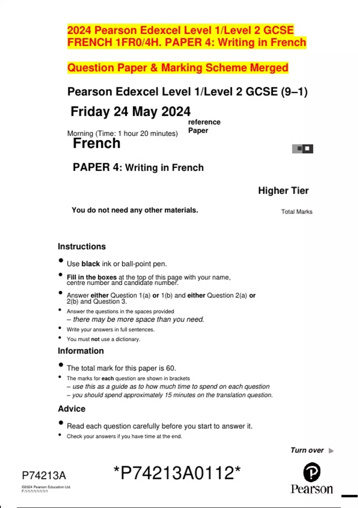 2024 Pearson Edexcel Level 1/Level 2 GCSE FRENCH 1FR0/4H. PAPER 4 ...