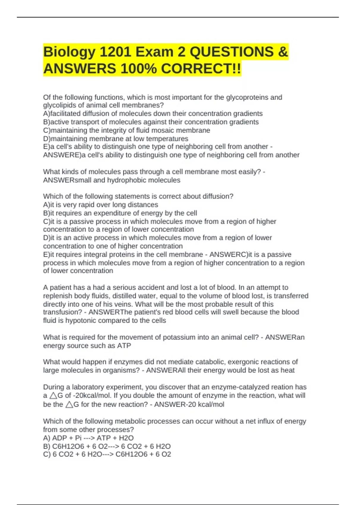 Biology 1201 Exam 2 QUESTIONS & ANSWERS 100% CORRECT!! - Biology 1201 ...