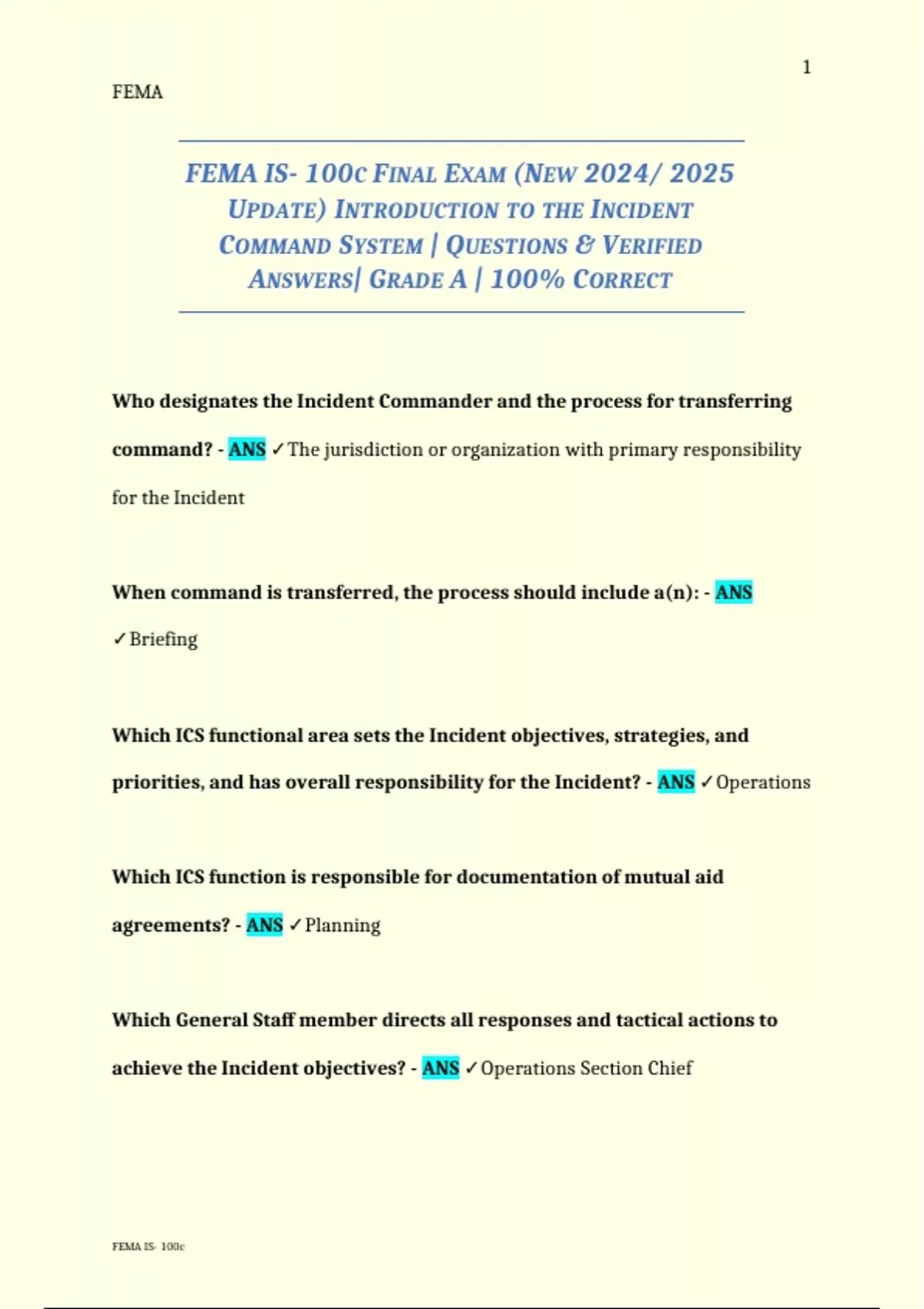 FEMA IS- 100C FINAL EXAM (NEW 2024/ 2025 UPDATE) INTRODUCTION TO THE ...
