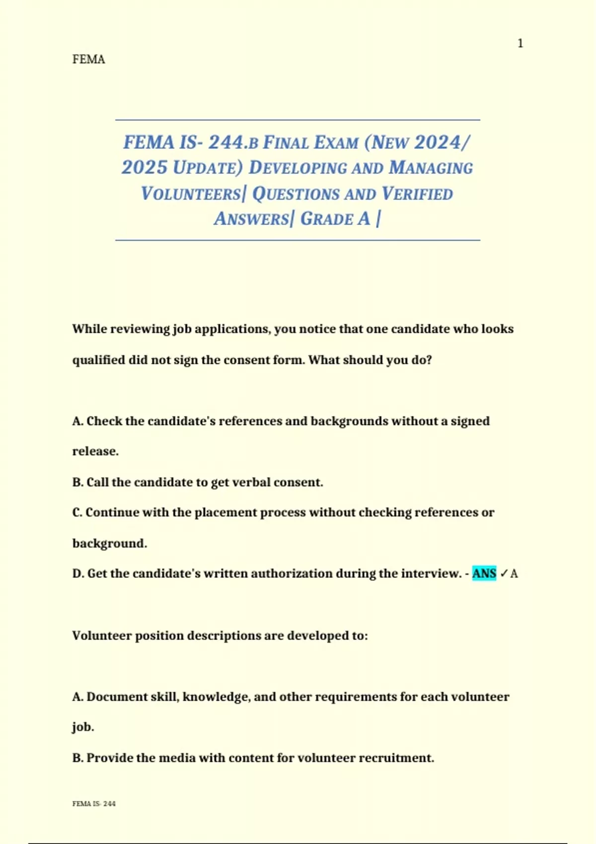 FEMA IS- 244.B FINAL EXAM (NEW 2024/ 2025 UPDATE) DEVELOPING AND MANAGING VOLUNTEERS| QUESTIONS ...