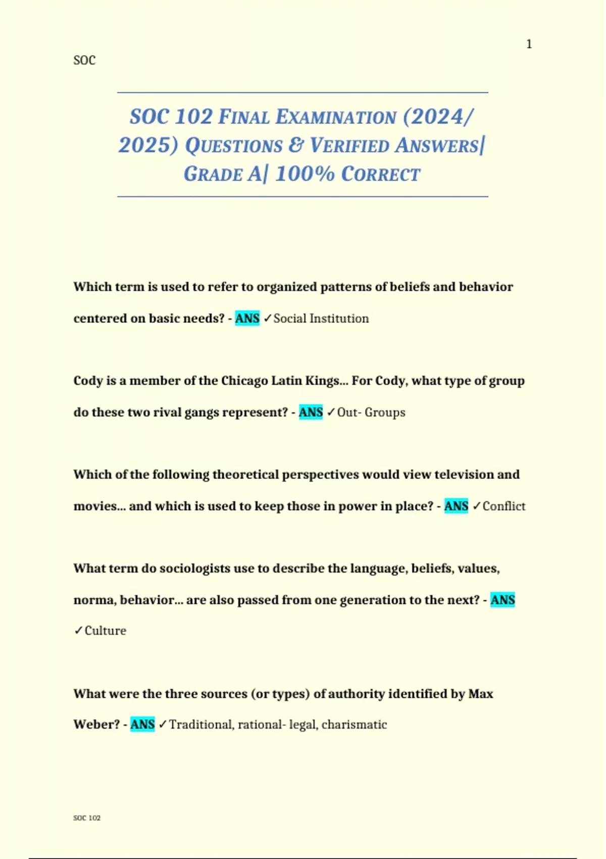 SOC 102 FINAL EXAMINATION (2024/ 2025) QUESTIONS & VERIFIED ANSWERS ...